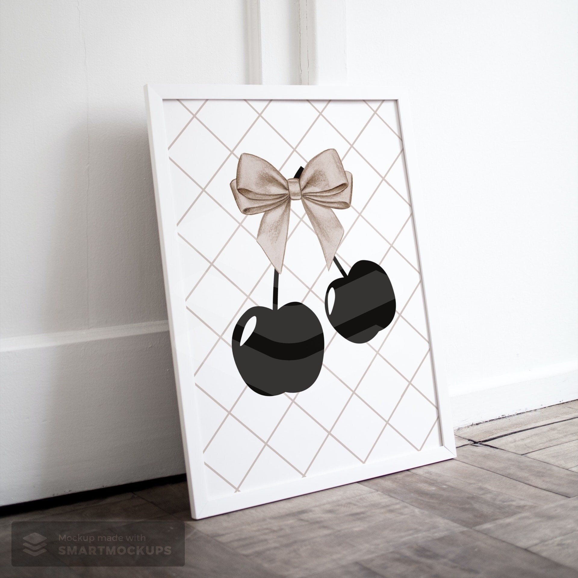 Black Cherries Wall Art, Fruit Printable Art, Coquette Room Decor, Beige Bow Soft Girl Room ...