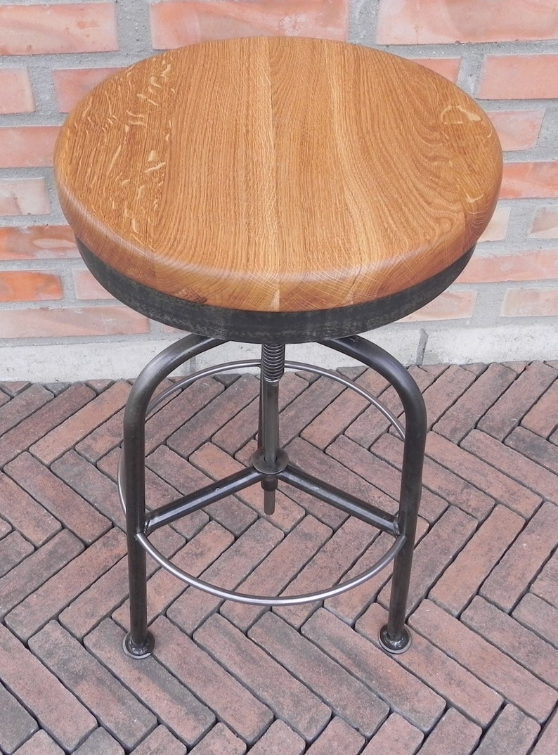 Stool With Adjustable Seat Height, Metal Structure With Oak Seat ...