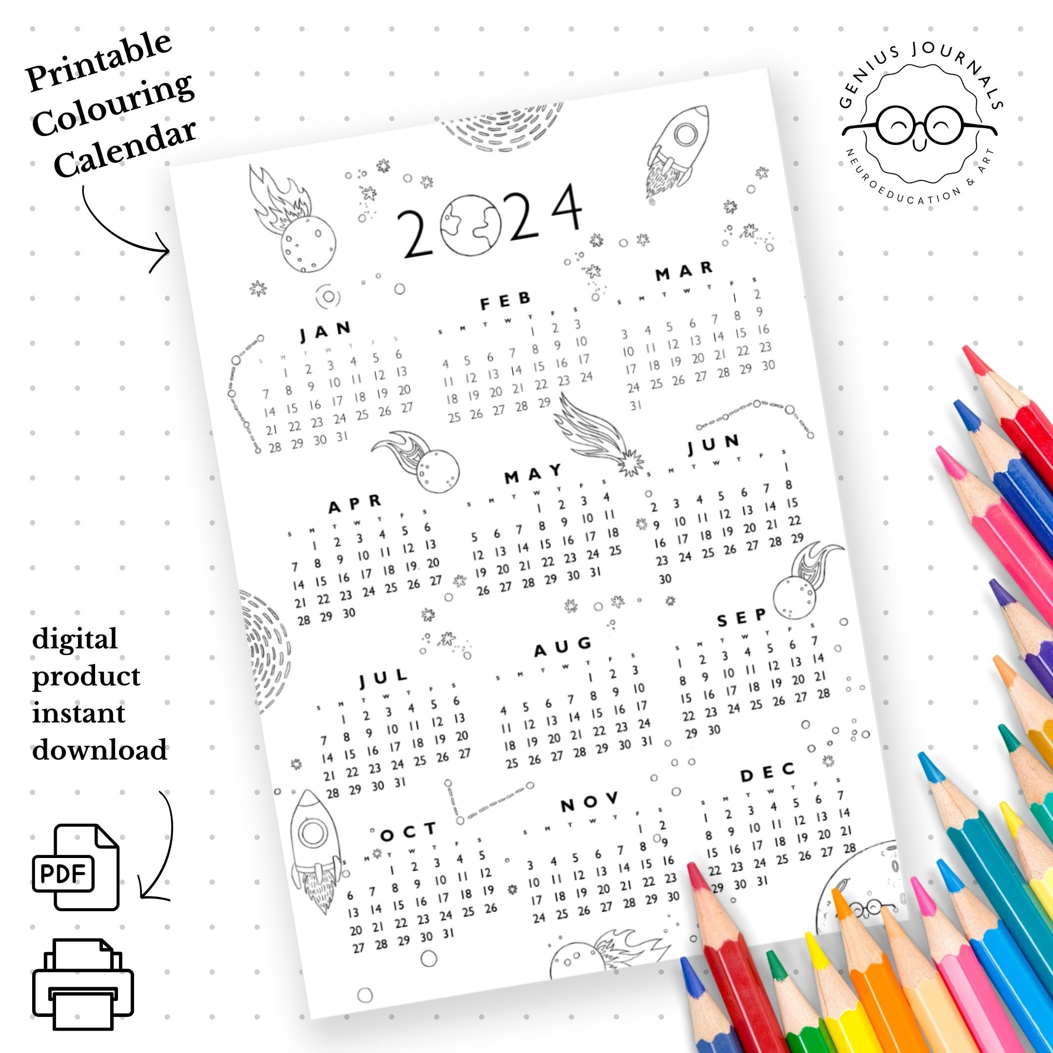 Space Calendar 2024 for Kids| Printable Kids Calendar 2024 | Homeschool ...