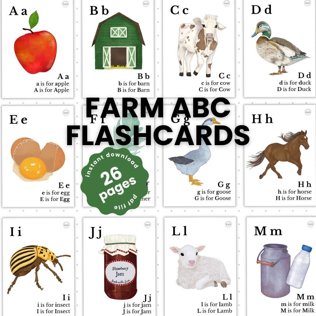 Farm Animal Alphabet Flashcards | Hand-drawn ABC Farm | Uppercase ...