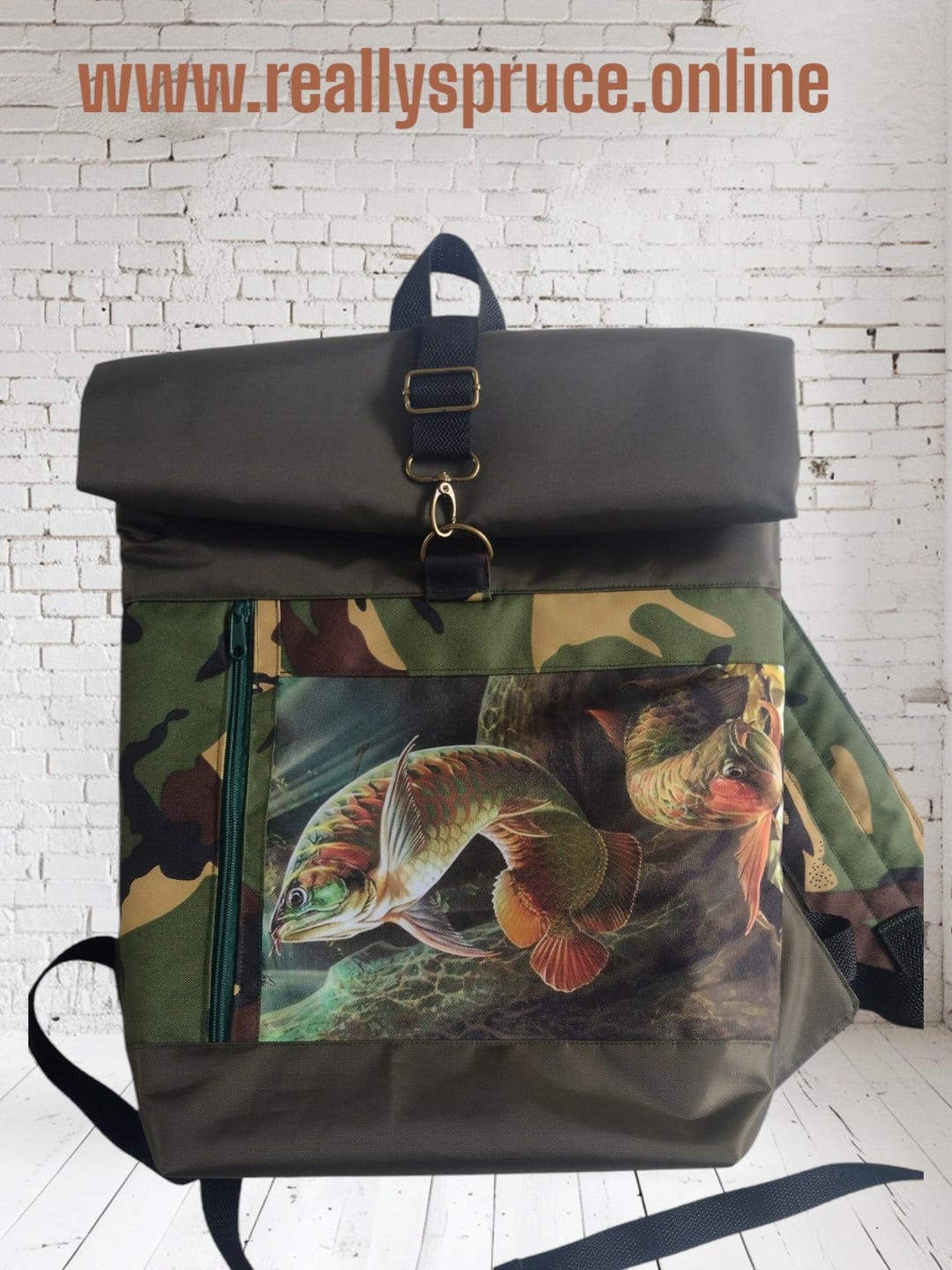 Waterproof Roll Top Backpack, Fish Print, Camo Canvas - Etsy