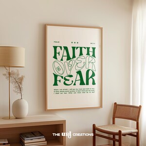 Faith Over Fear Print, Retro Christian Wall Art Green, Bible Verse ...