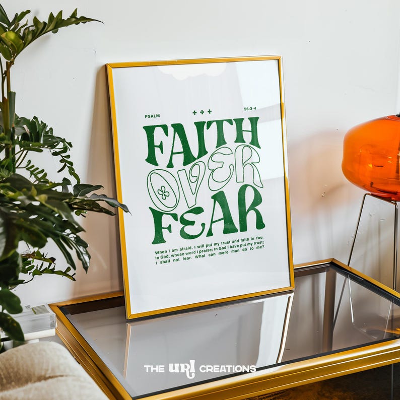 Faith Over Fear Print, Retro Christian Wall Art Green, Bible Verse ...