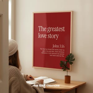 Minimalist Christian Wall Art Red, Printable Bible Verse Poster, John 3 ...