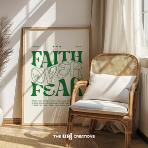 Faith Over Fear Print, Retro Christian Wall Art Green, Bible Verse ...