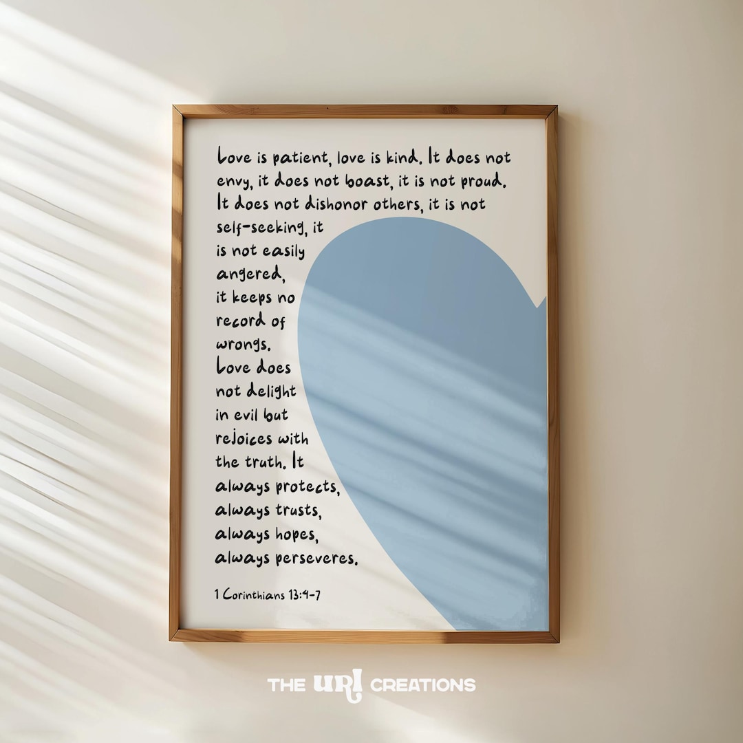 Love is Patient Love is Kind Printable Christian Wall Art Blue Bible ...