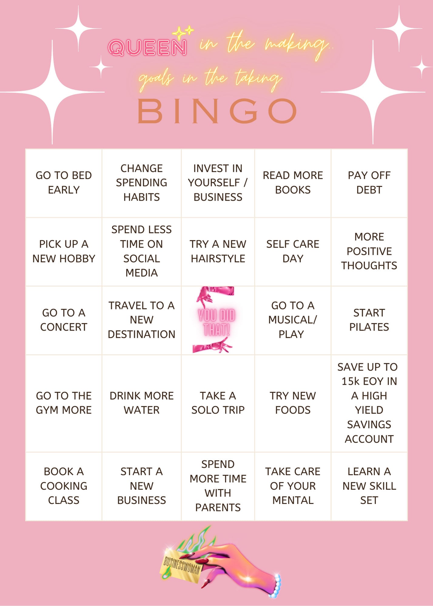 Vision Board Bingo Template, queen in the Making.. Goals in the Taking ...