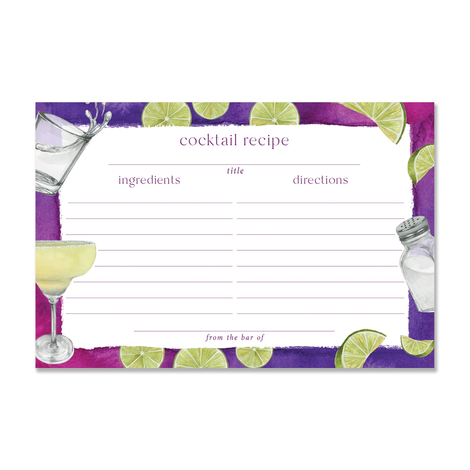 Pack of 10 4x6 Cocktail Recipe Cards Margarita Theme Watercolor Art ...