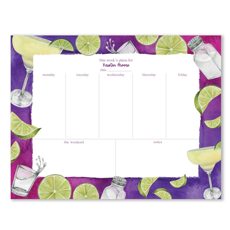 Personalized Weekly Planner Notepad With Margarita Watercolor Art ...