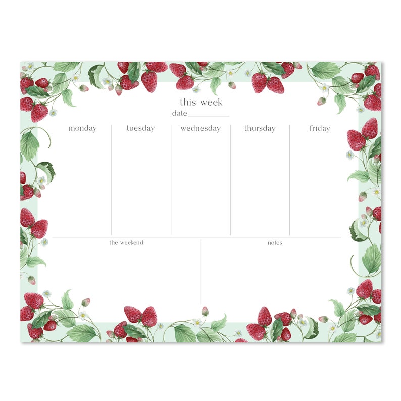 Planner Notepad With Strawberries and White Flowers Watercolor Art ...