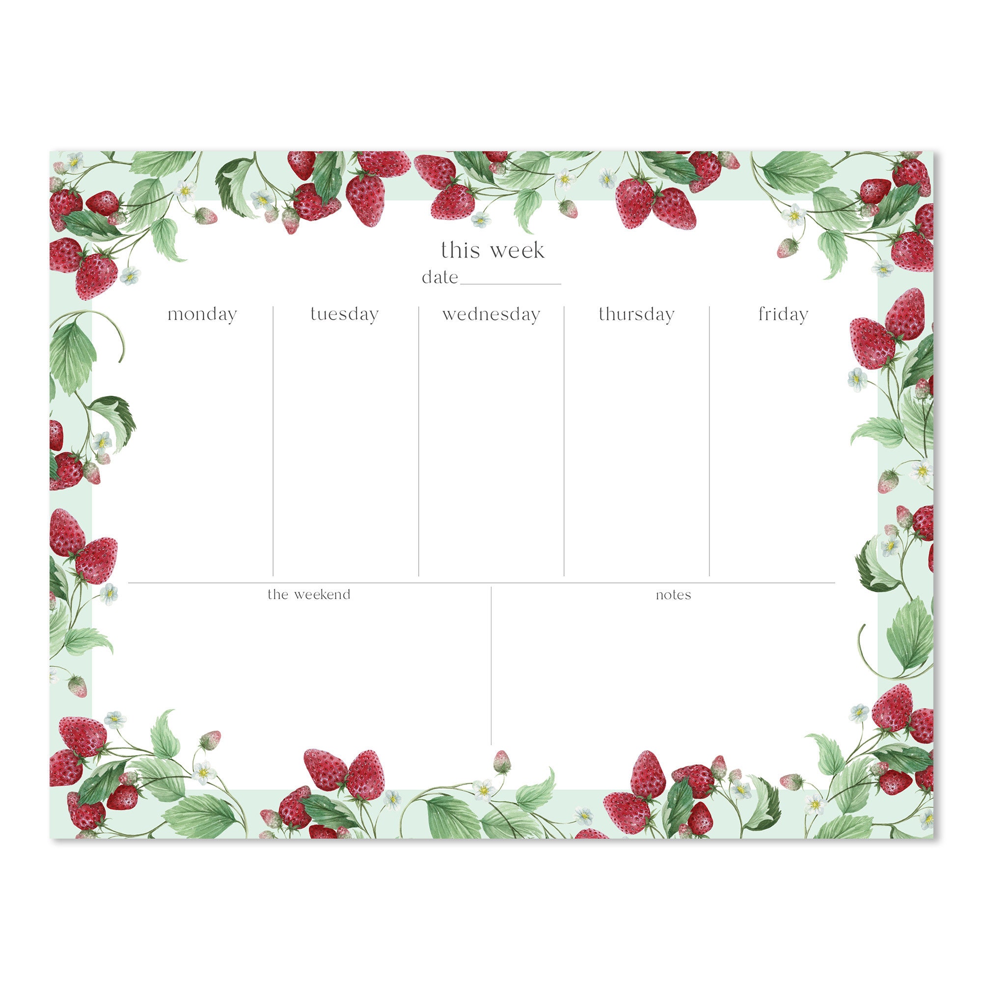 Planner Notepad With Strawberries and White Flowers Watercolor Art Cute ...