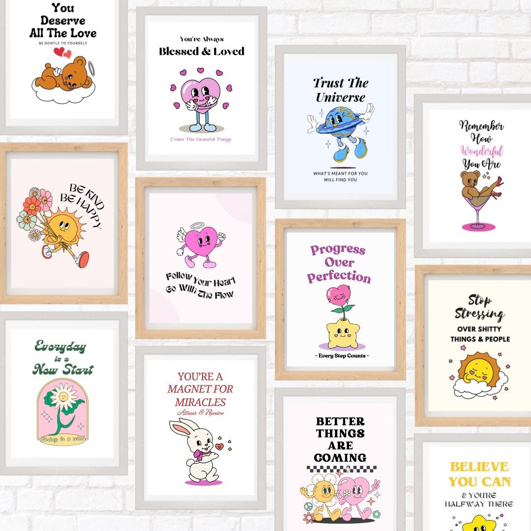 Self Love Retro Vintage Cartoon Wall Art Set of 12 Bundle | Positive ...