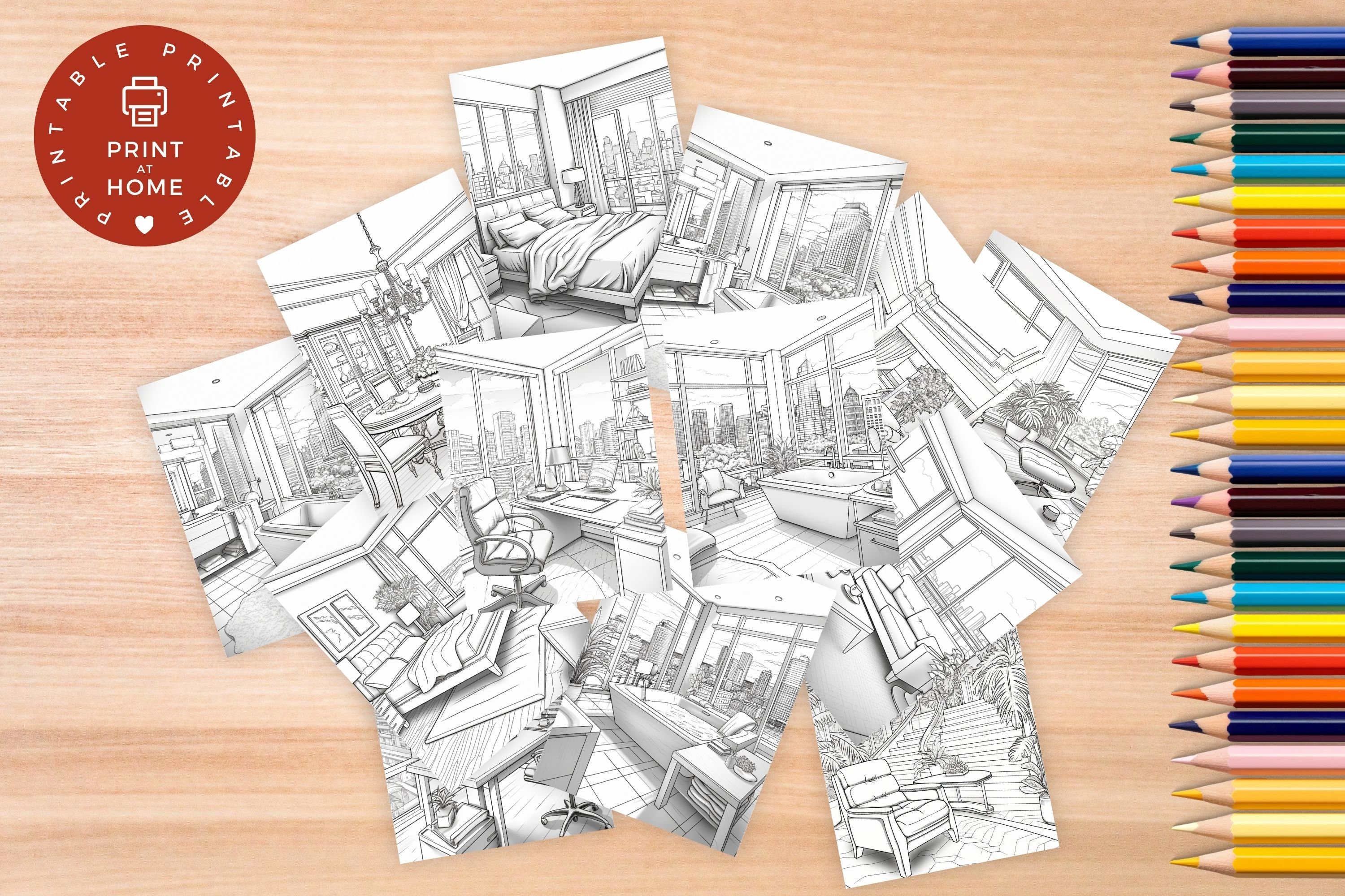 Printable Interior Spaces Coloring Pages, Fantasy Grayscale Coloring ...