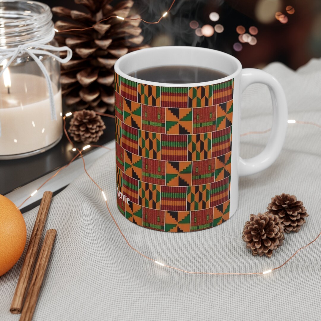 African Kente Ghana Gift, White Ceramic Mug, 11oz, Birthday or Father's ...