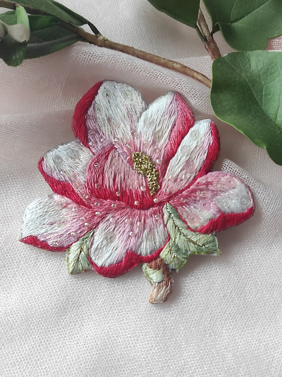 Embroidered Magnolia Brooch: Hand-stitched Flower Pin - Etsy