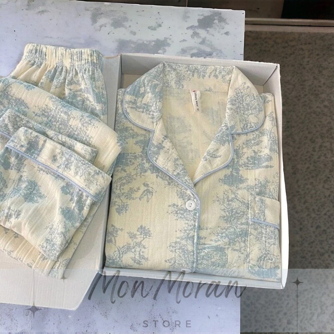 Ink Print Women's Pajama Set Natural Motive Cotton Pyjamas Nighttime ...