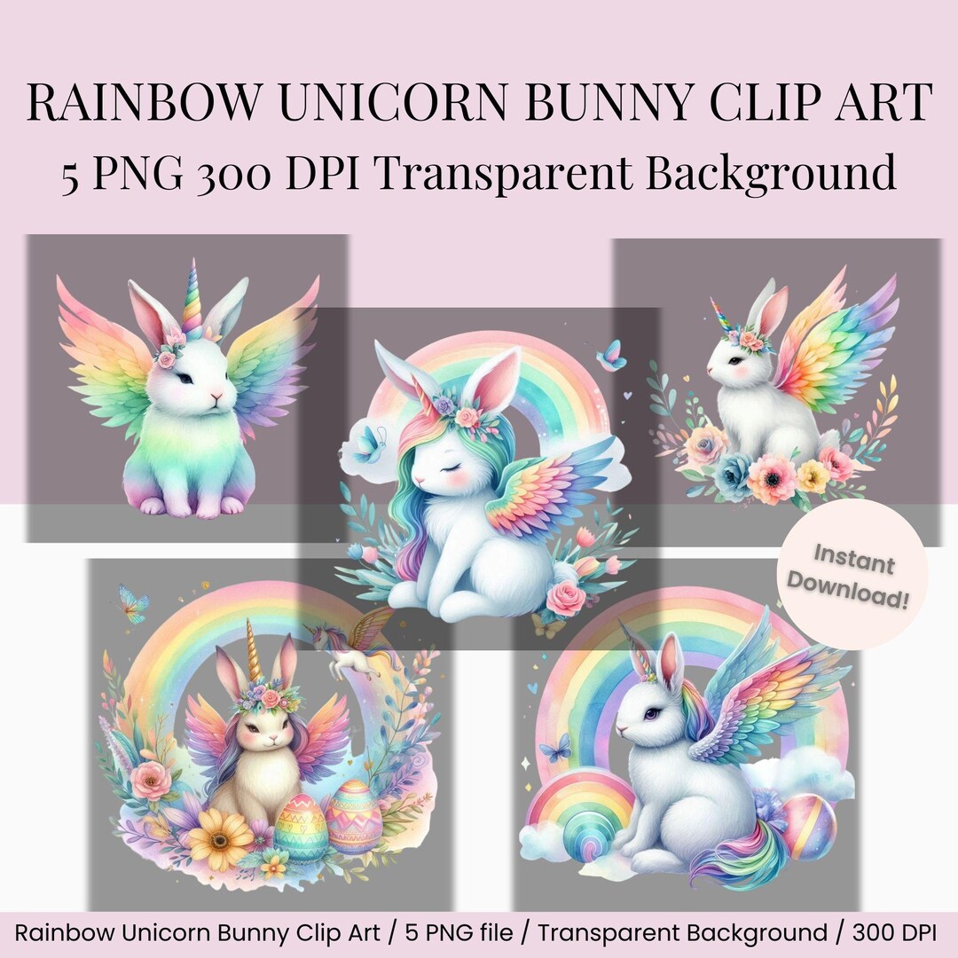 Rainbow Unicorn Easter Bunny Clipart: 5 High-resolution Pngs With ...
