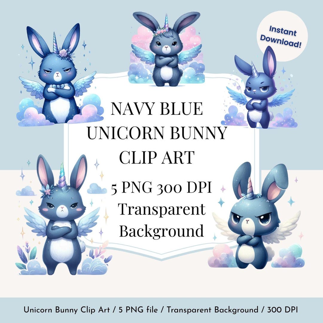 Navy Blue Unicorn Bunny Clipart, 5 PNG, Transparent Background, Cute ...