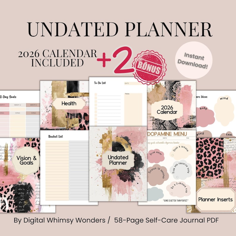 Undated Planner, 2026 Calendar, Complete Printable Self-care Kit, 3 PDF ...