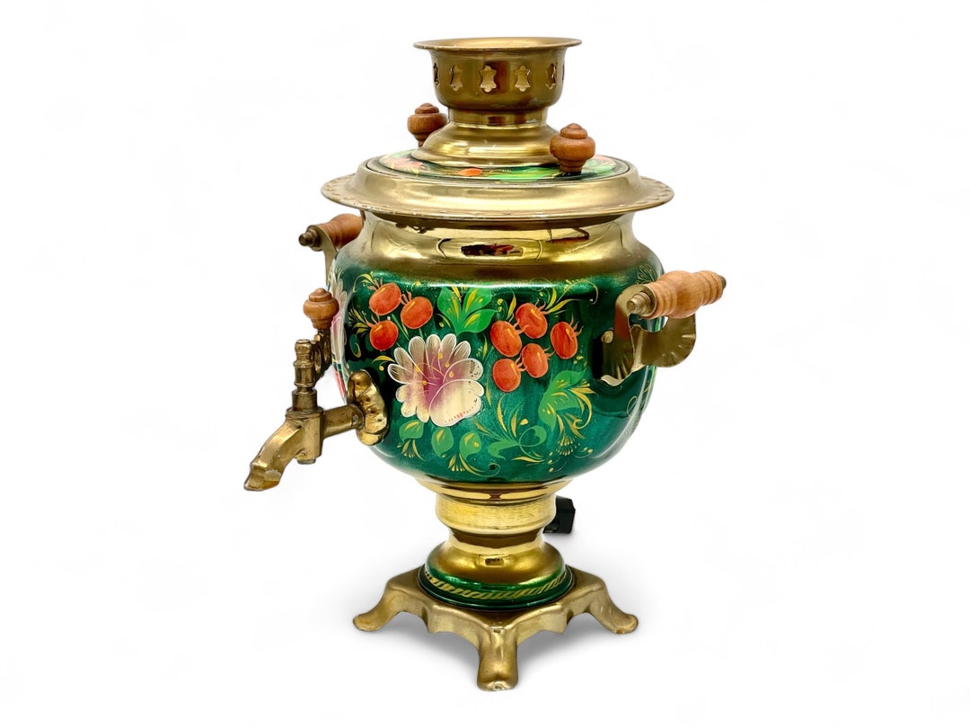 Vintage Soviet Russian Electric Samovar Hand Painted Green Toned Floral ...