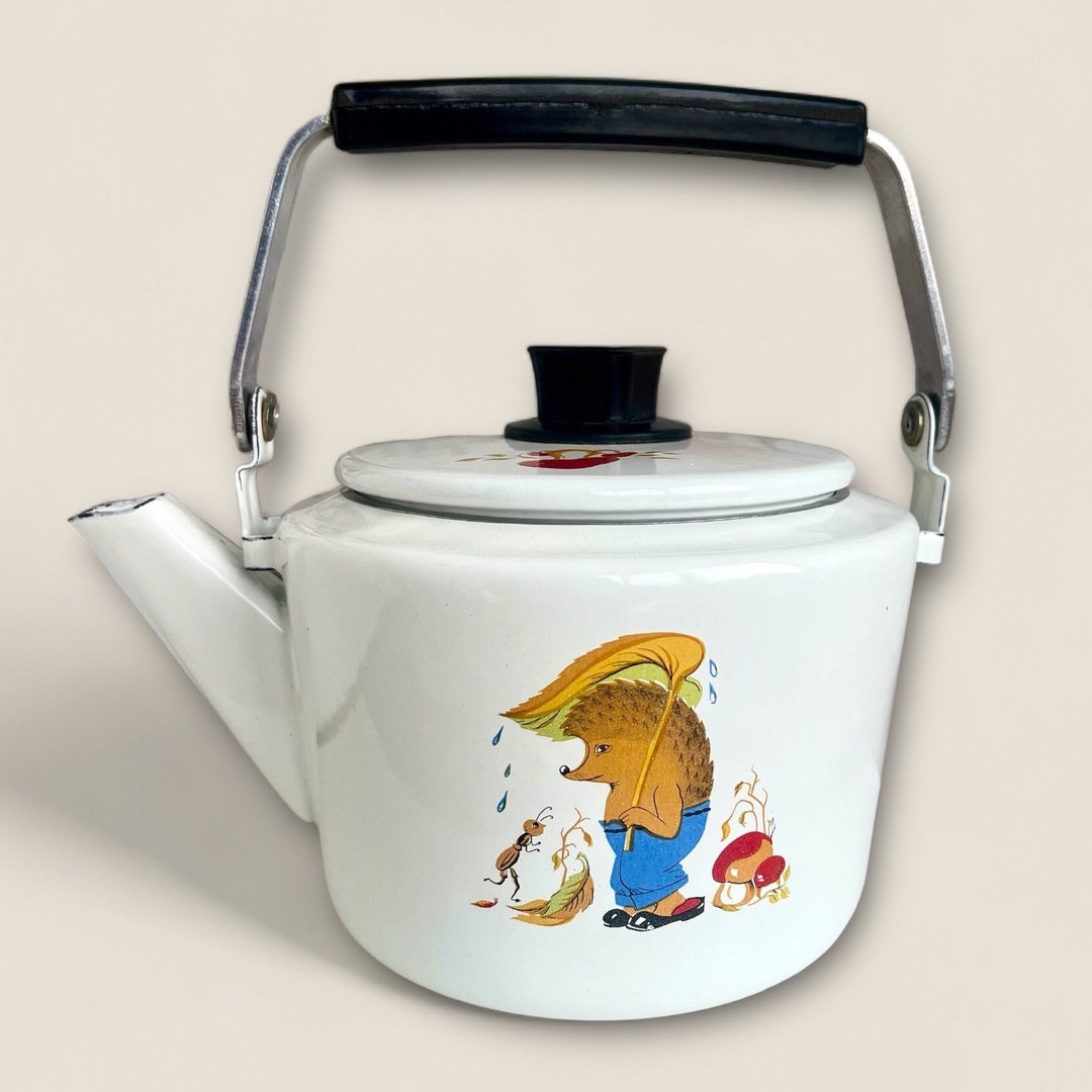 Soviet Vintage Tea Kettle Enamel White Stovetop Tea Pot Hedgehogs Kids ...
