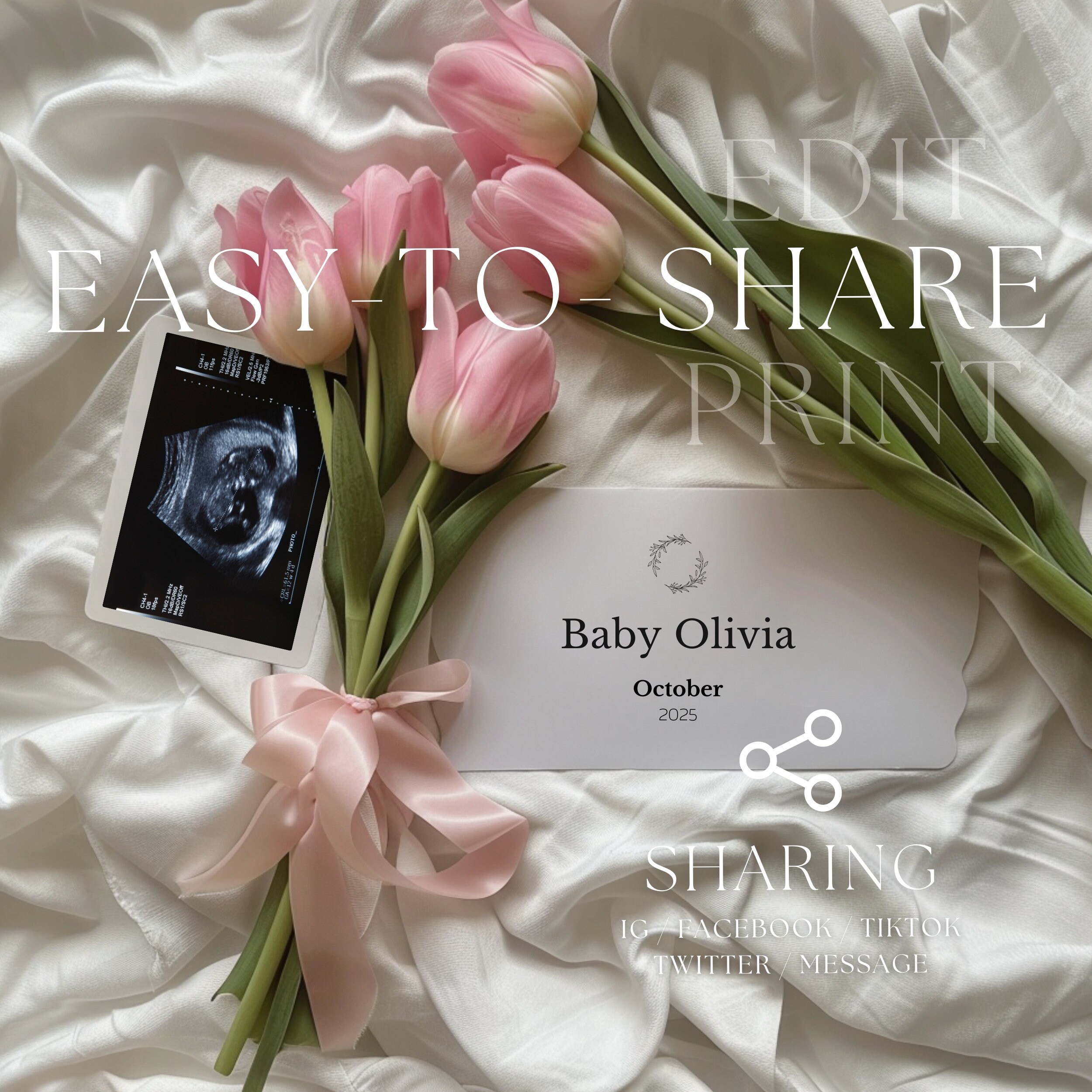 Pink Pregnancy Announcement Digital, Minimalist Baby Girl Announcement ...