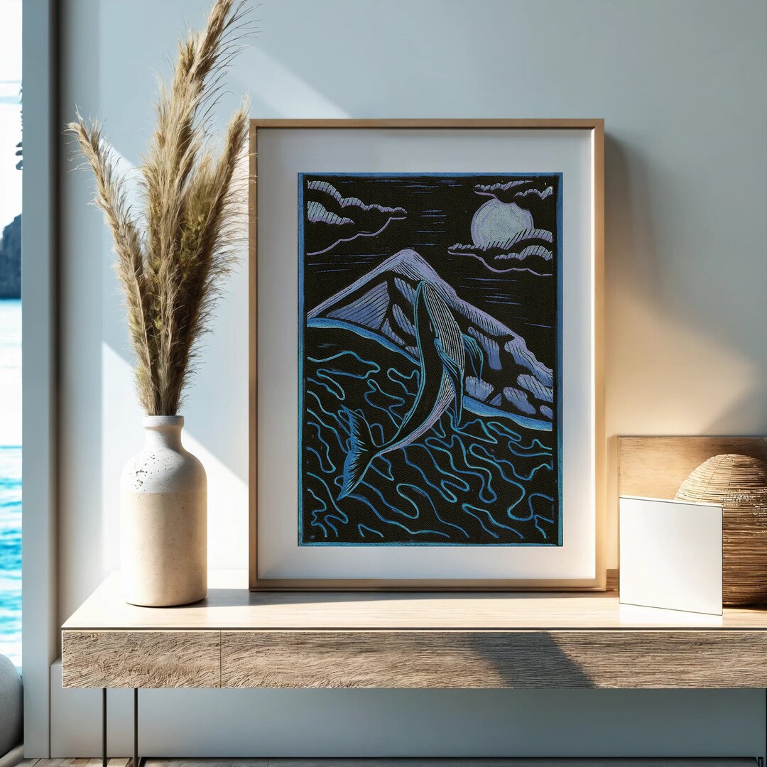 Linocut Whale and Mount Fuji, Handmade Marine Art, Celestial ...