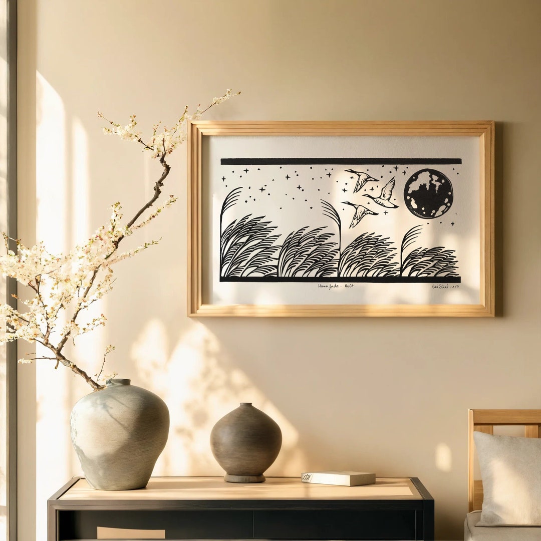 Hanafuda Linocut Print - Traditionnal Japanese Card Game - August ...