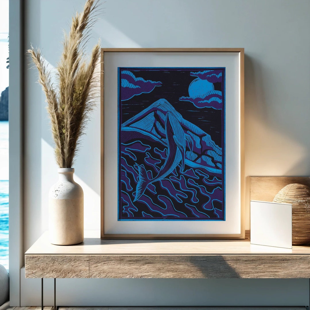 Blue Whale Linocut, Handmade Marine Animal Print, Seaside Wall ...