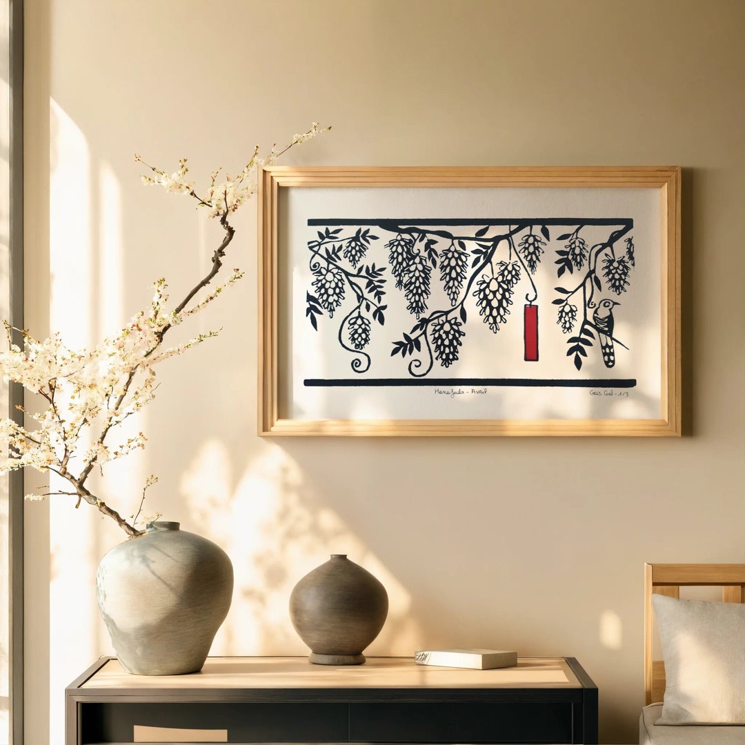 Hanafuda Linocut Print - Traditionnal Japanese Card Game - April ...