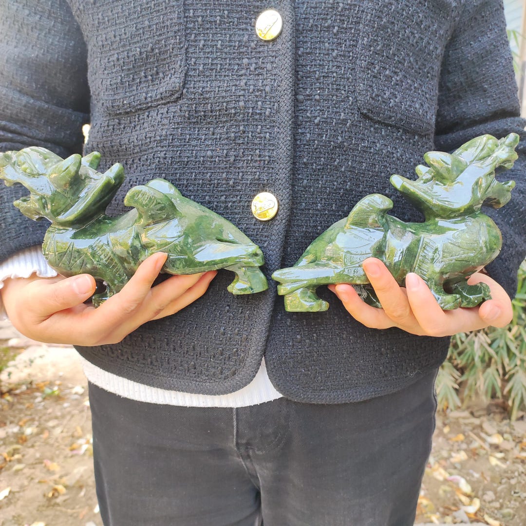 Pair Natural Jade Feng Shui Pi Xiu/pi Yao Statue for Wealth Good Luck ...