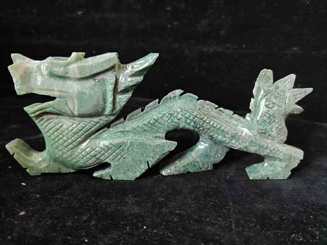 7“ Natural Green Jade Dragon Statue Chinese Feng Shui Loong Animal ...
