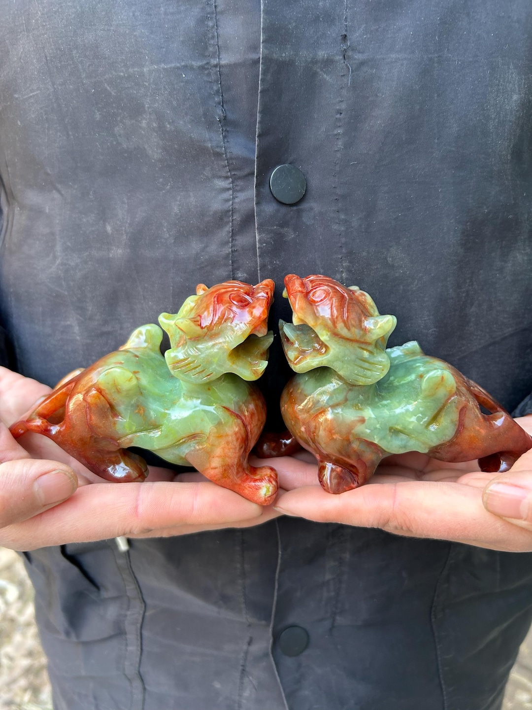 Pair Natural Jade Pixiu Figurines Male Female Feng Shui Decor Home ...