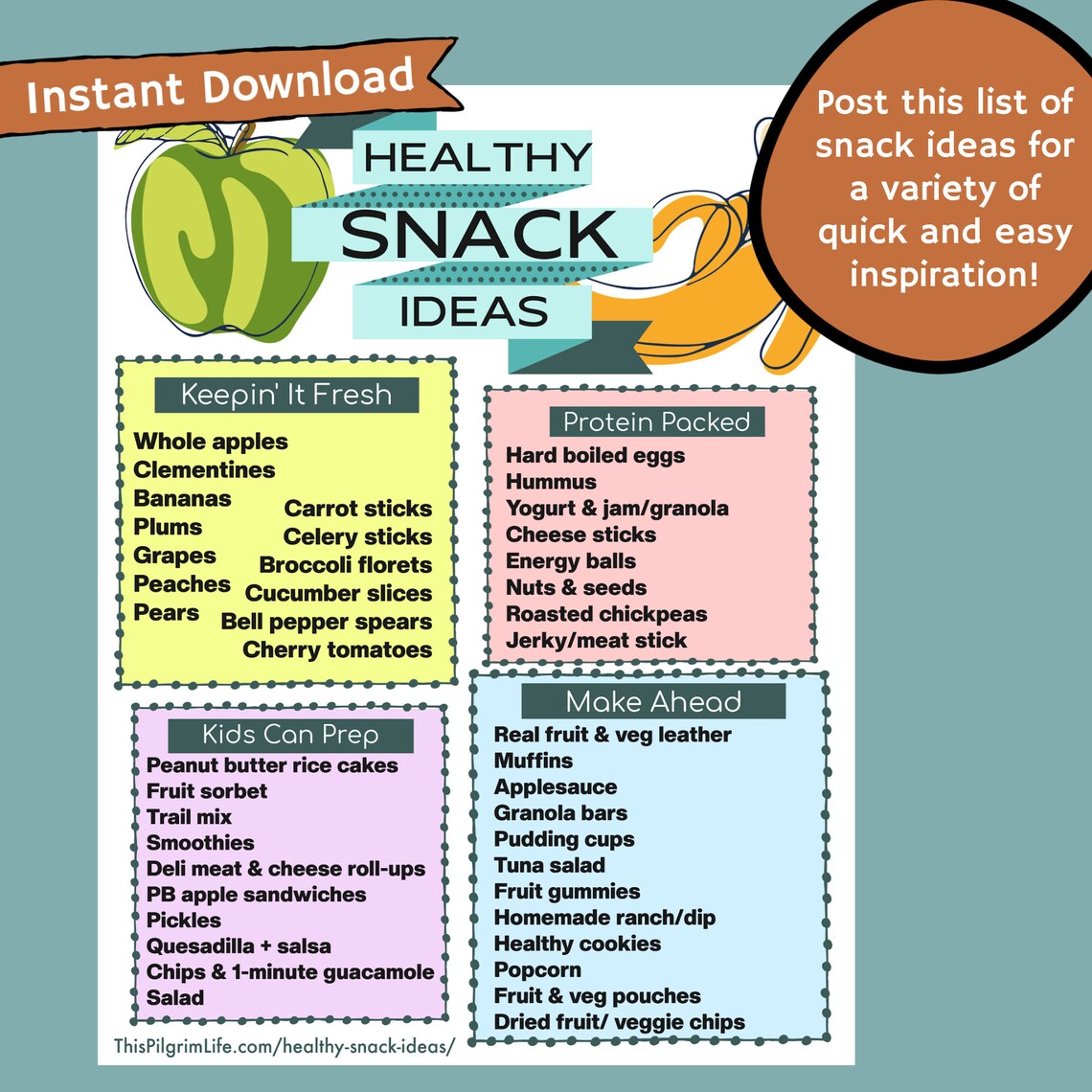 Snack Ideas Printable Reference Sheets - Etsy