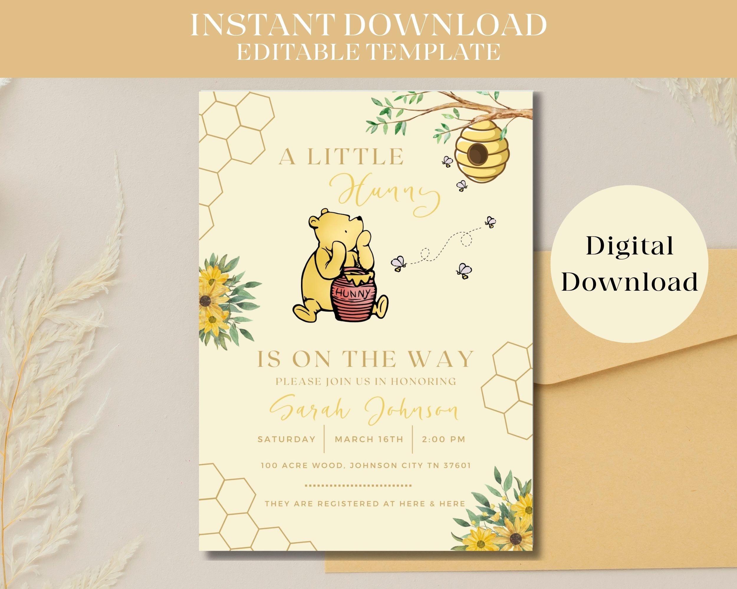 Classic Winnie the Pooh Baby Shower Editable Invitation Template - Etsy