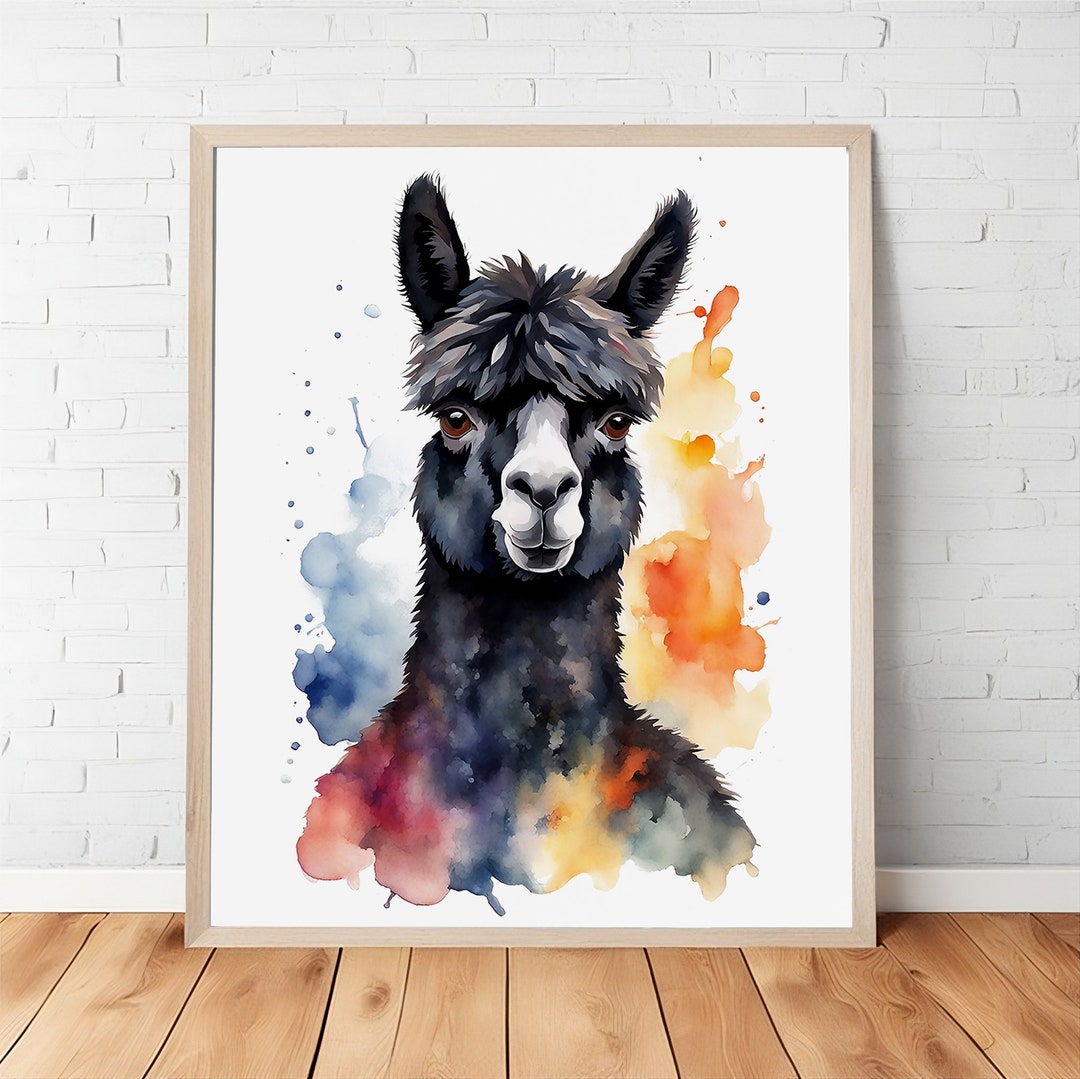 Colorful Cute Black Alpaca Watercolor Portrait, Llama Nursery Printable ...