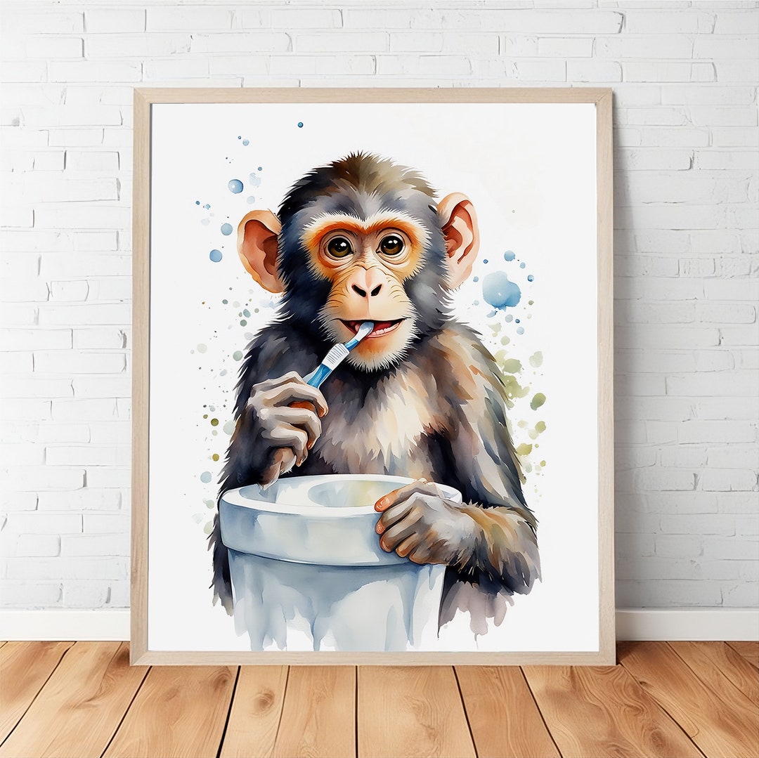 Cheerful Monkey Hygiene: Watercolor Artwork of a Playful Dental Routine - Etsy