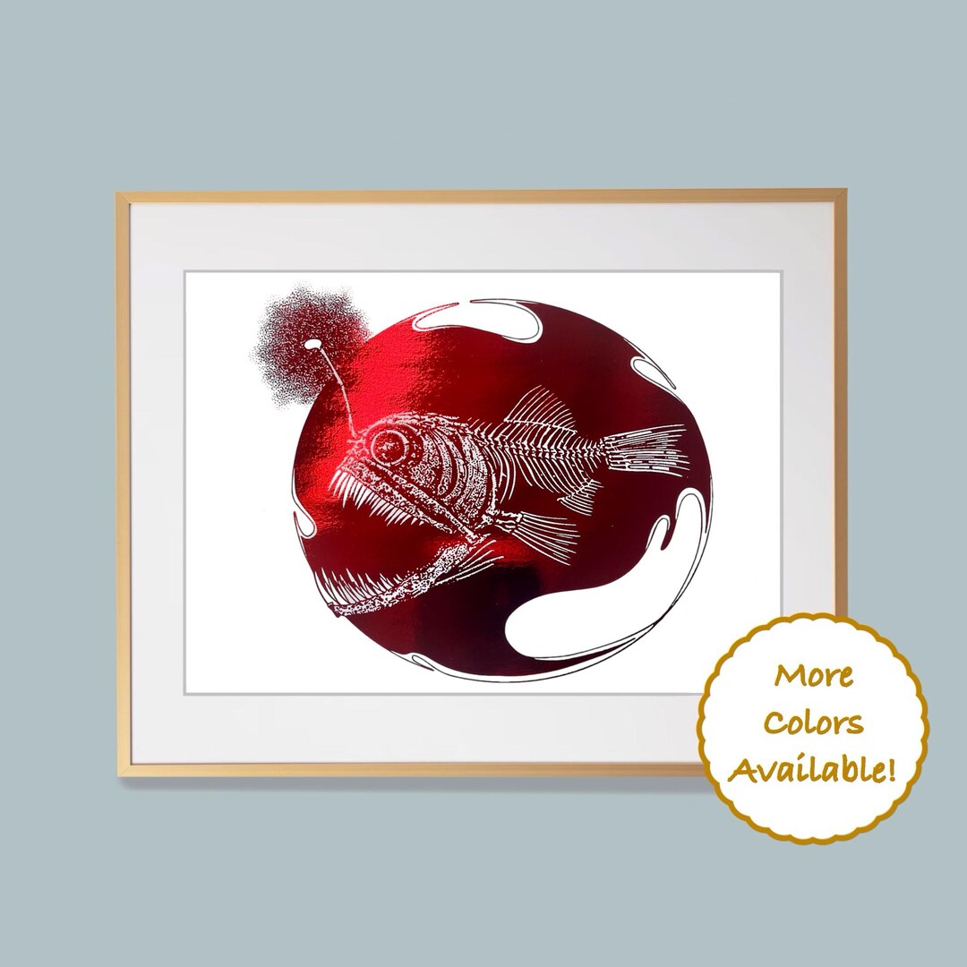 Hand Drawn Iridescent Red Deep Sea Angler Fish Skeleton Bubble Line Art ...