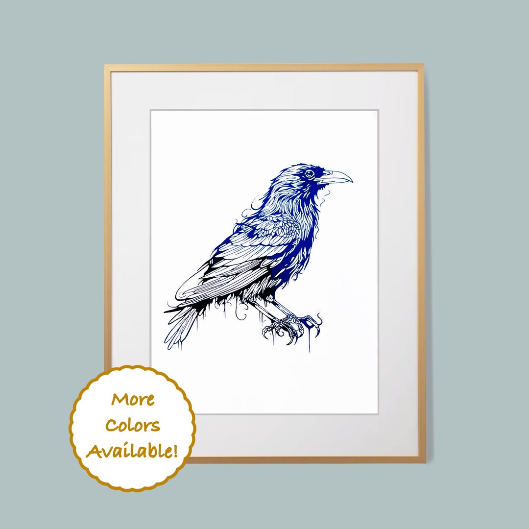 Hand Drawn Iridescent Navy Raven/crow (corvus) Line Art Foil Print - Etsy
