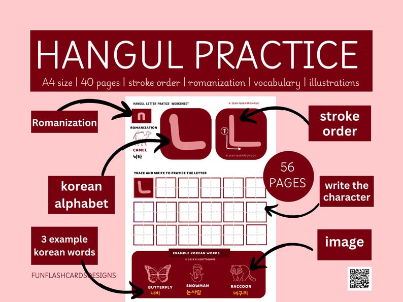 Learn Korean Alphabet Hangul Korean Study Pack Printable Worksheets 150 ...