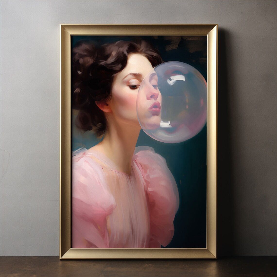 Girl and Bubble Gum Digital Print Portrait Oil Painting Wall Art Moody ...