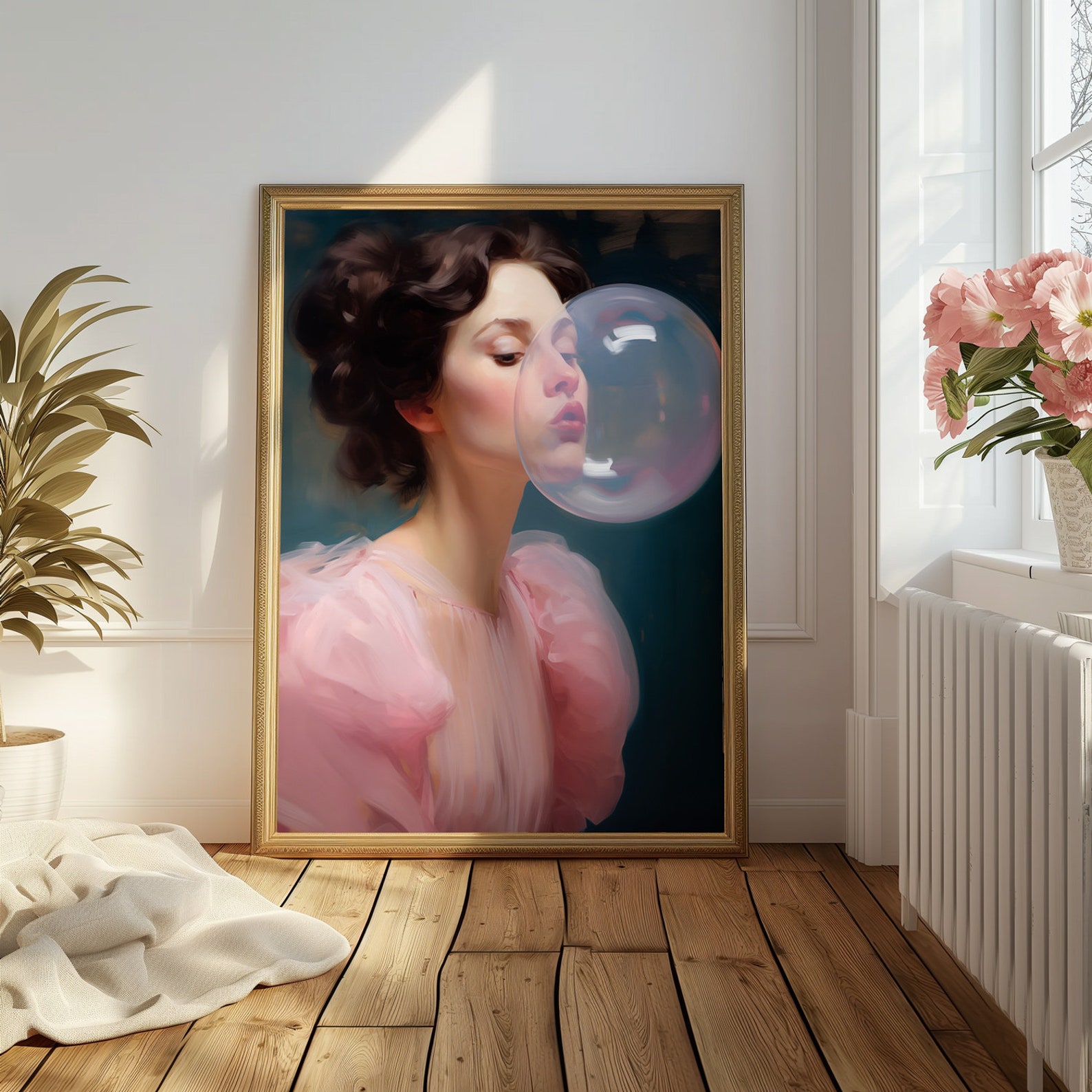 Girl and Bubble Gum Digital Print Portrait Oil Painting Wall Art Moody ...