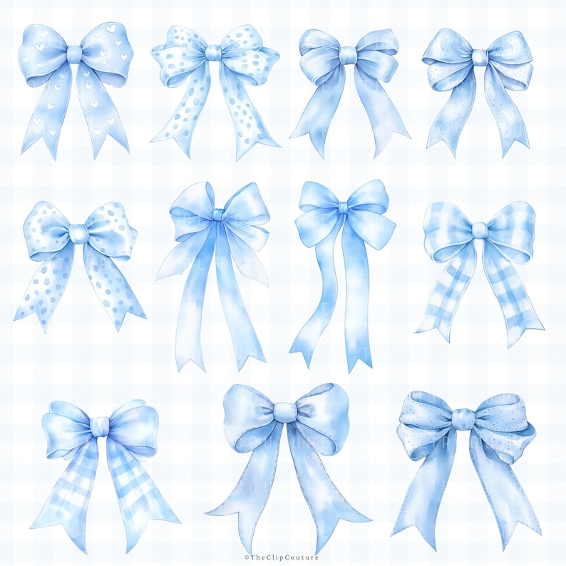 Light Blue Bows Clipart, Coquette Ribbon PNG, Watercolor Blue Bows ...