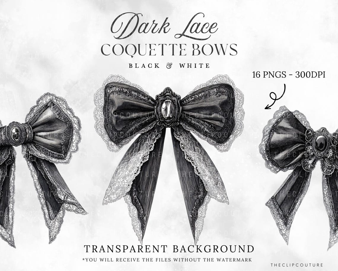 Dark Coquette Lace Bows Clipart, Gothic Clipart, Black Lace Bow PNG ...