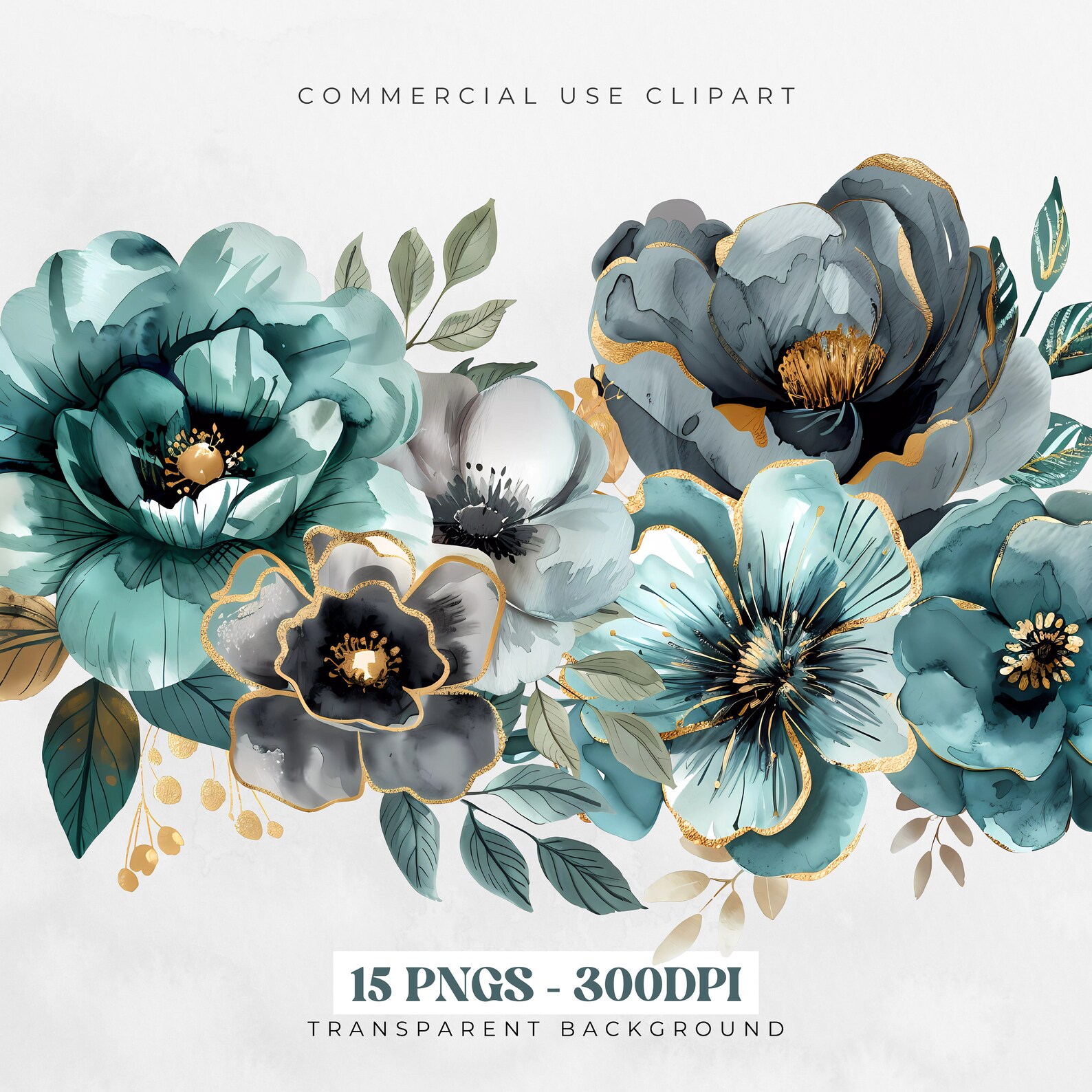 Teal and Gold Flower Bouquet Watercolor Clipart Set, Wedding ...