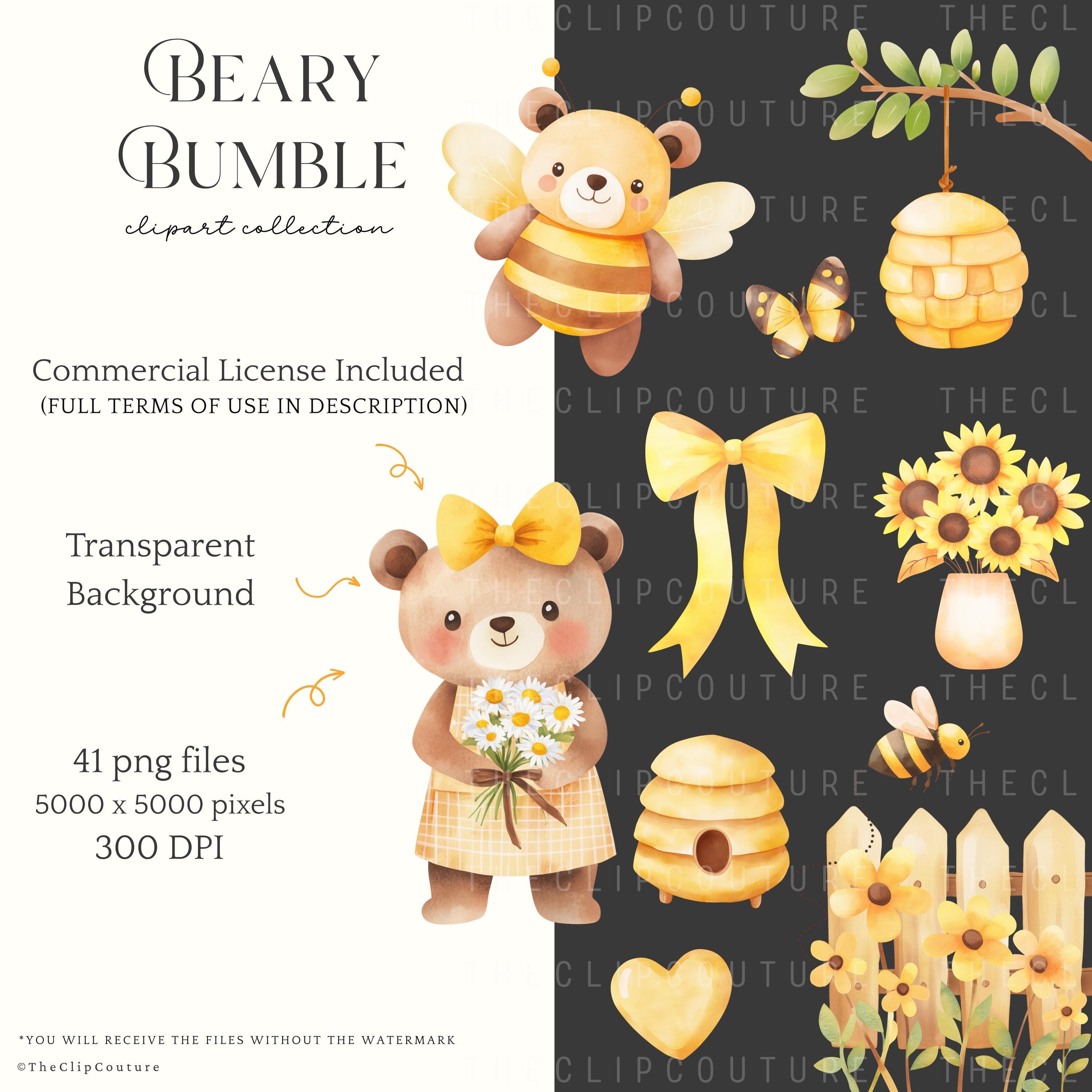 Watercolor Bee and Bear Clipart, Bumblebee Baby Shower PNG, Bee Day ...