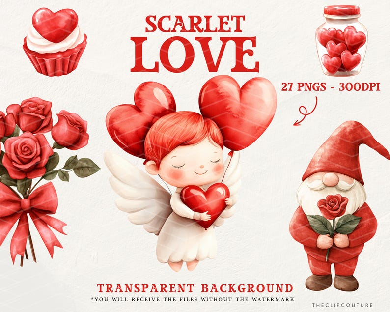 Watercolor Red Love Clipart, Cute Valentine PNG, Romantic Clip Art ...