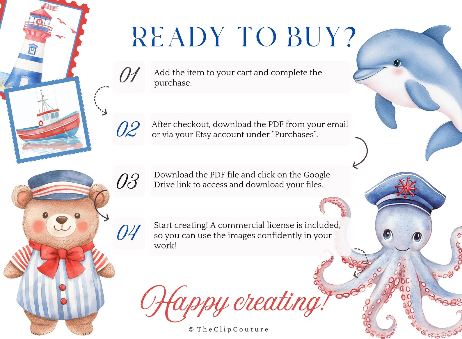 Fisherman Animals Clipart: Nautical Nursery Art, Sea Animals, Baby ...