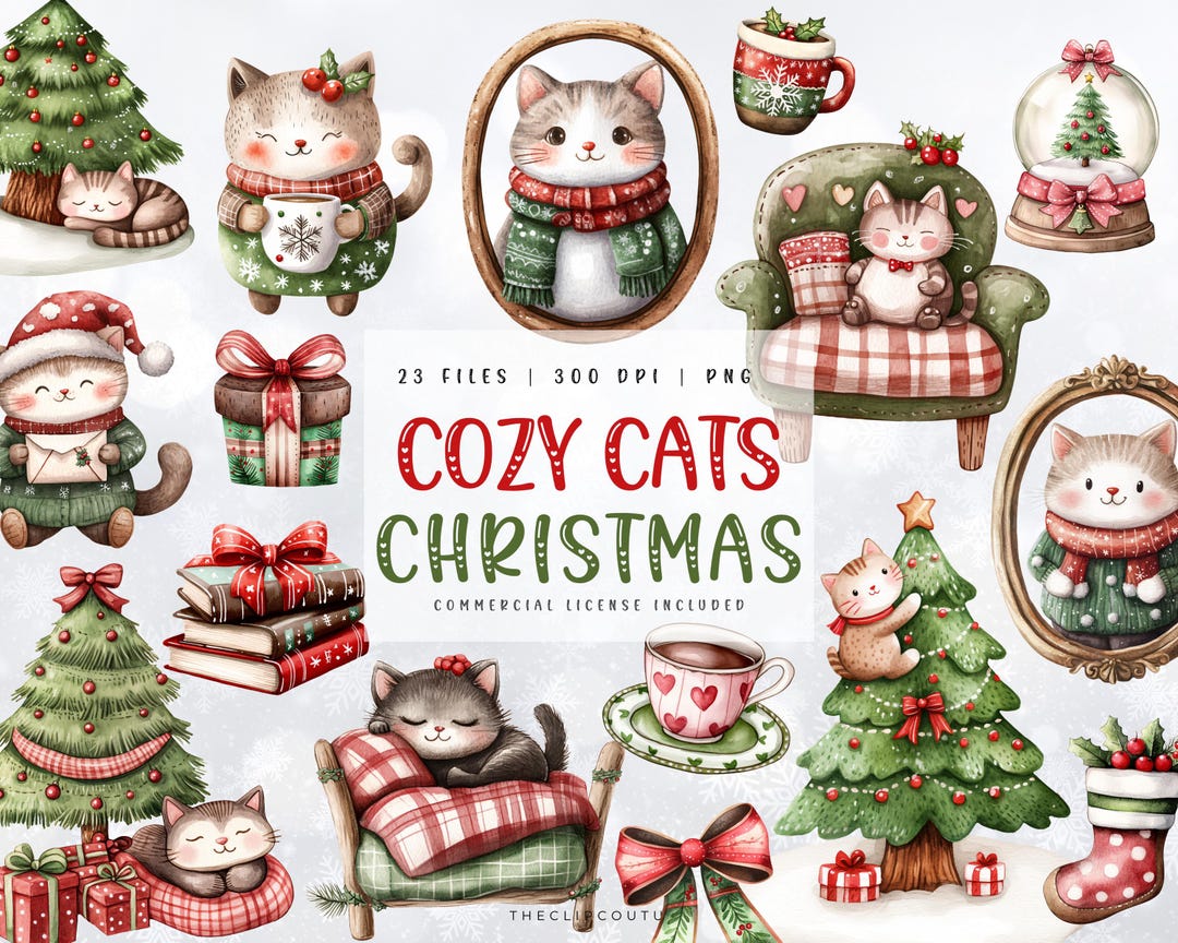 Cats Christmas Clipart, Watercolor Christmas Clipart, Cats PNG ...