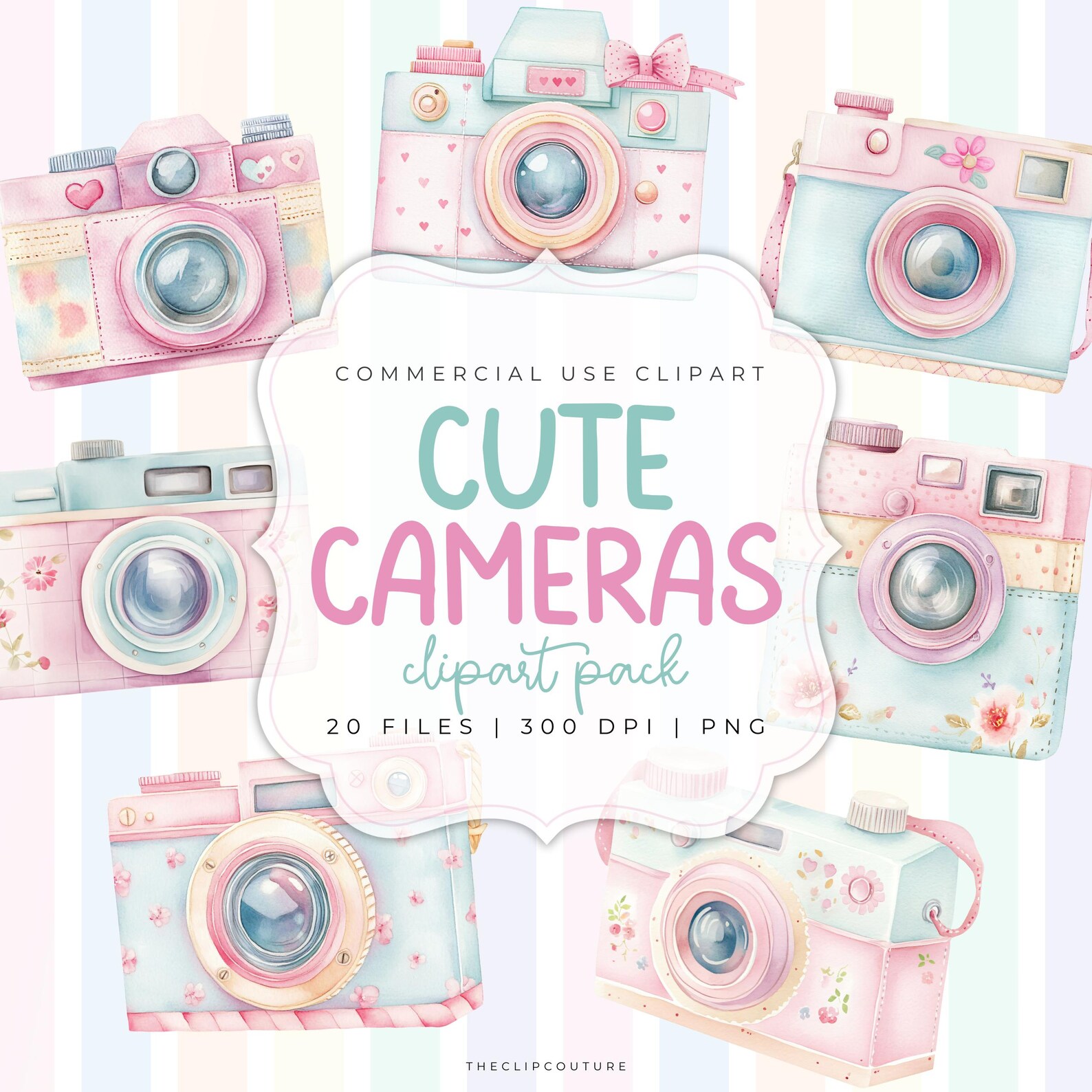 Vintage Camera Clipart, Retro Watercolor Camera PNG, Kawaii Cameras ...